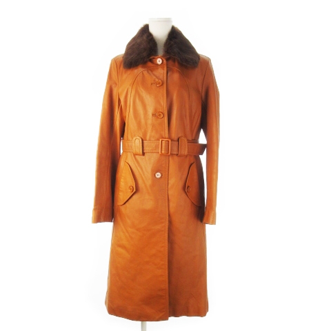 【中古】23区 オンワード樫山 レザーコート ステンカラー トレンチ ロング丈 ファーカラー 38 M オレンジ