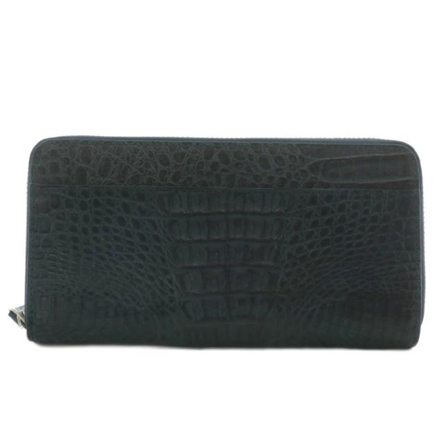 【中古】ロダニア RODANIA 長財布 カイマンワニ革 牛革 レザー クロコ型押し ラウンドファスナー 紺 CJN0277CANV