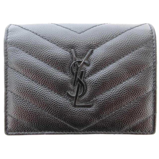 【中古】イヴサンローラン YVES SAINT LAURENT カサンドラ 二つ折り財布 ウォレット ロゴ Vステッチ レザー 黒