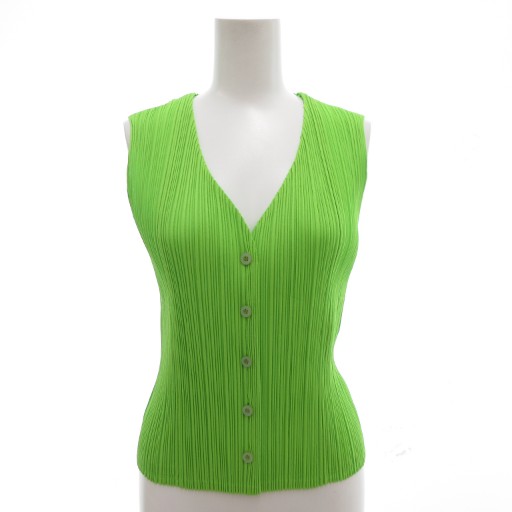 【中古】プリーツプリーズ PLEATS PLEASE イッセイミヤケ 美品 ベスト ジレ 3 プリーツ加工 電球 総柄 プリント 緑