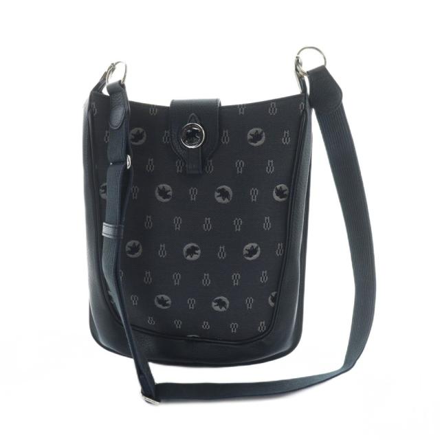 【中古】ハンティングワールド HUNTING WORLD ショルダーバッグ 斜めがけ ロゴ キャンバス レザー 総柄 紺 ネイビー