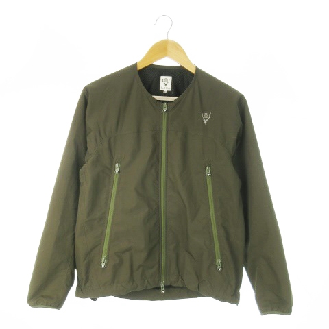 【中古】South2 West8 ジャケット ブルゾン ノーカラー ダブルジップ 裏地メッシュ ロゴ アウトドア XS 緑 カーキ