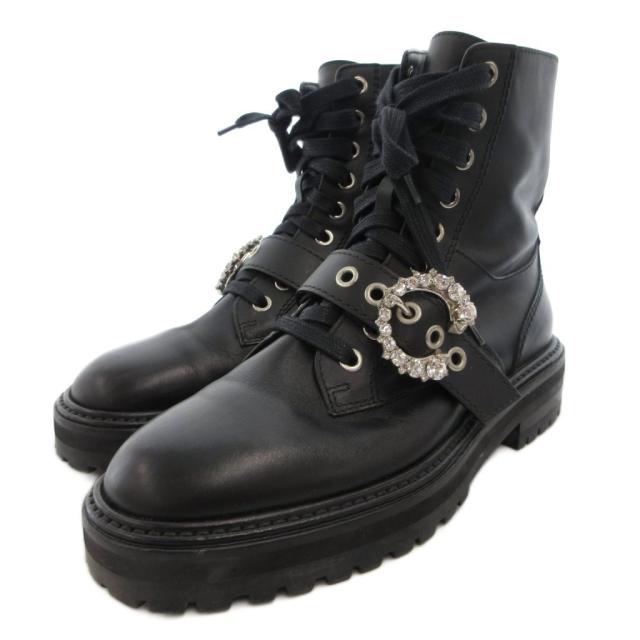 【中古】ジミーチュウ JIMMY CHOO CORA コラ エンベリッシュド ブーツ コンバット レザー 革 ラインストーン 37