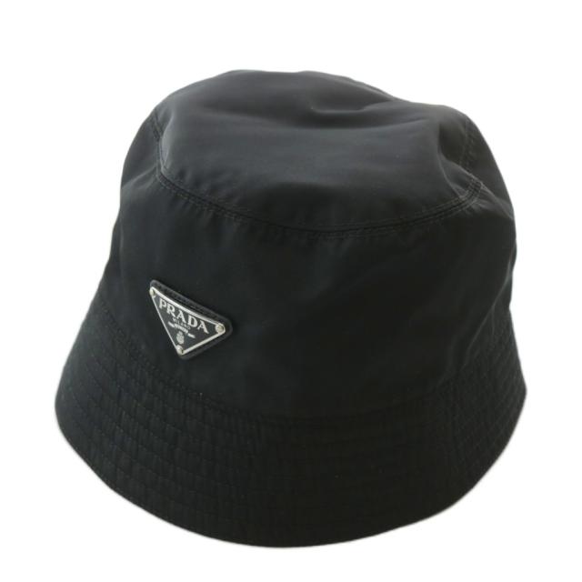 【中古】プラダ PRADA Re-Nylon リナイロン バケット ハット バケハ 帽子 三角 トライアングル ロゴ プレート S 黒
