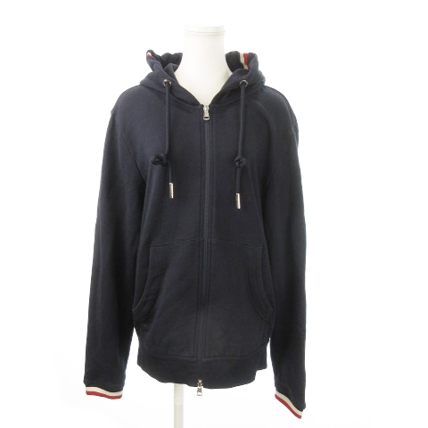 【中古】モンクレール MONCLER スウェットジップアップパーカー 長袖 裏毛 ライン ロゴ L 紺 ネイビー