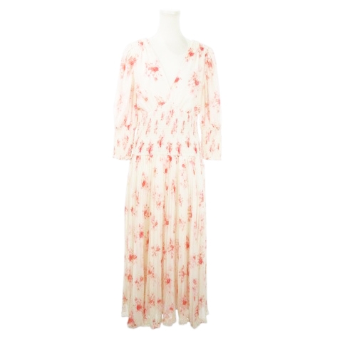 【中古】セルフポートレイト ロングワンピース 深Vネック 七分袖 プリーツ ギャザー 花柄 総柄 シアー 12 L 白