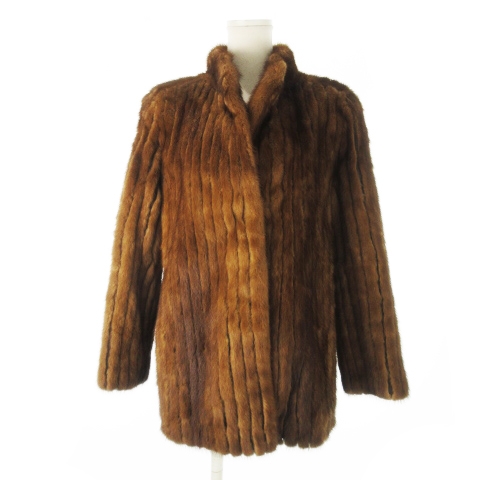 【中古】サガミンク SAGA MINK ファーコート ミンク 毛皮 スタンドカラー ミドル丈 ストライプ 茶 ブラウン