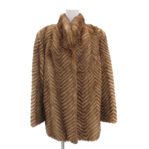 【中古】サガミンク SAGA MINK 銀サガ ファーコート 9 毛皮 ミンクファー シェブロンカット ミドル ハーフ丈 茶