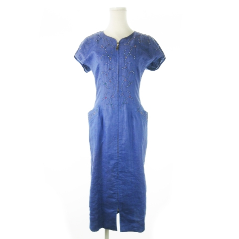 【中古】イタリヤ 伊太利屋 GK リネンワンピース ロング ノースリーブ カットワーク ラインストーン スタッズ 9 青