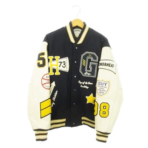 【中古】ガイ Guy Polished and Classic ジャケット スタジャン 中綿 切替 レザー 本革 ワッペン サガラ刺繍 L 紺