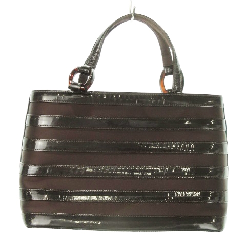 【中古】ワコウ WAKO 和光 ハンドバッグ エナメル ナイロン ボーダー 茶 ブラウン /AO8 ■GY11 レディース