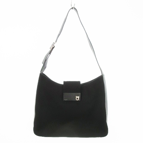 【中古】サルヴァトーレフェラガモ ショルダーバッグ 肩掛け キャンバス レザー ガンチーニ ロゴ 黒 ブラック