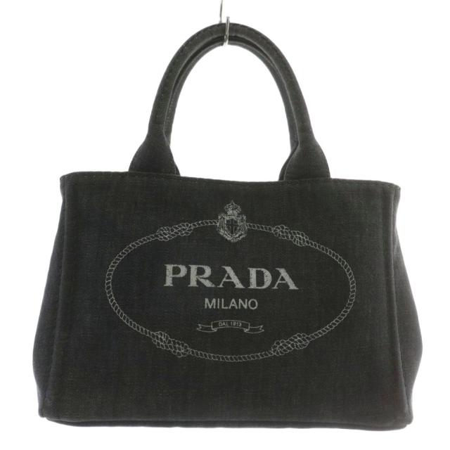 【中古】プラダ PRADA カナパ トートバッグ ショルダー 2WAY デニム キャンバス ロゴ 黒 ブラック