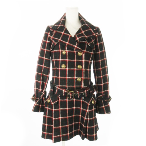 【中古】バーバリーブルーレーベル BURBERRY BLUE LABEL トレンチコート 切替 プリーツ チェック ベルト付き 36 黒