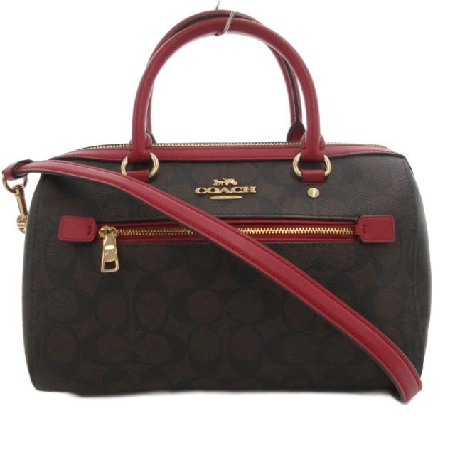 【中古】コーチ COACH シグネチャー 2WAY ボストンバッグ ショルダー ロゴマニア 総柄 茶 ブラウン 赤 レッド