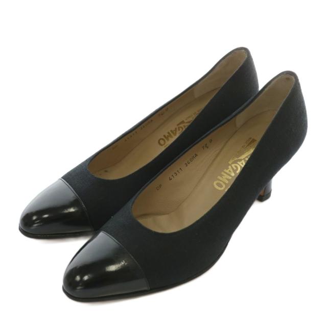 【中古】Salvatore Ferragamo パンプス キャンバス エナメル ポインテッドトゥ ヒール 7 24cm 黒