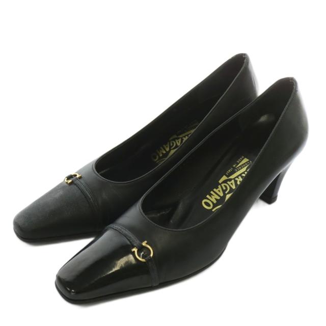 【中古】Salvatore Ferragamo パンプス レザー スクエアトゥ ハイヒール ガンチーニ 7.5 24.5cm 黒