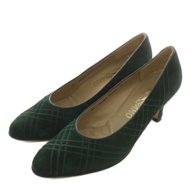 【中古】Salvatore Ferragamo パンプス スエード ポインテッドトゥ ヒール チェック柄 刺繍 総柄 7.5 24.5cm 緑