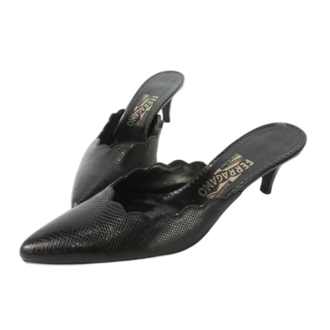 【中古】未使用品 サルヴァトーレフェラガモ Salvatore Ferragamo ミュール 革 リザード型押し スカラップ 8 黒