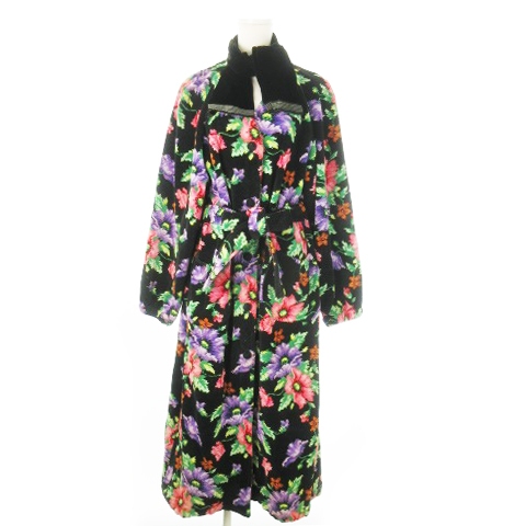 【中古】フェイラー FEILER ロングコート ベロアタイ シュニール織 花柄 総柄 リボン F 黒 ブラック /AO13 ■GY18