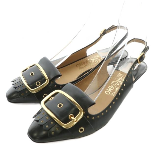 【中古】サルヴァトーレフェラガモ パンプス レザー ローヒール バックストラップ スタッズ タッセル 7.5 24.5 黒