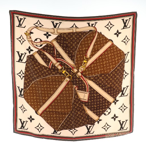 【中古】ルイヴィトン LOUIS VUITTON カレ キープ イット オール スカーフ 絹 シルク 総柄 ロゴ 茶色 ピンク M76414
