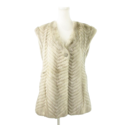 【中古】ノーブランド サファイアミンク ファー ベスト 毛皮 Vカット シェブロンカット ヘリンボーン グレー