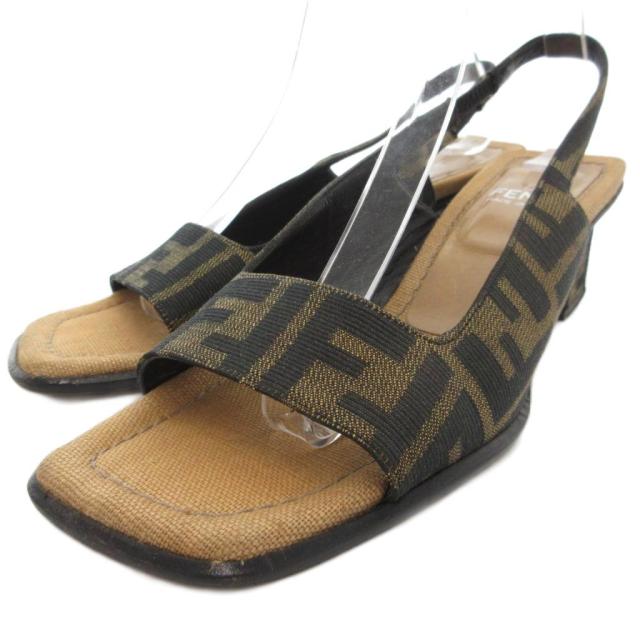 【中古】フェンディ FENDI サンダル ズッカ柄 キャンバス スクエアヒール 37 茶 ブラウン 黒 ブラック /JS ■GY18