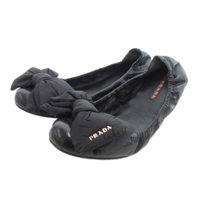【中古】プラダ PRADA ジャンク品 バレエシューズ フラット パンプス ロゴリボン 38 黒 ブラック /UO ■GY18