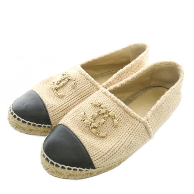 【中古】CHANEL エスパドリーユ スリッポン フラットシューズ レザー ココマーク 38 25cm ベージュ 黒 G36368