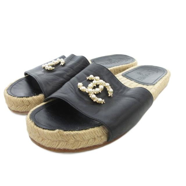 【中古】シャネル CHANEL エスパドリーユサンダル ココマーク パールビジュー 38 黒 ブラック /UO ■GY18