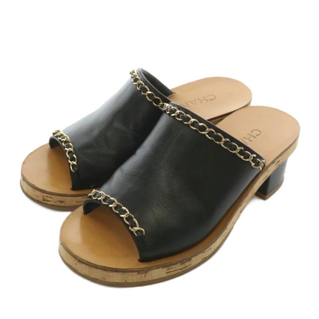 【中古】CHANEL ミュール サンダル レザー オープントゥ チェーン ココマーク 36.5 23.5cm 茶色 黒 G32880