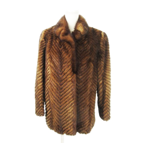 【中古】ノーブランド ファーコート ミンクファー 毛皮 ハーフ ミドル丈 ヘリンボーン 11 茶 ブラウン