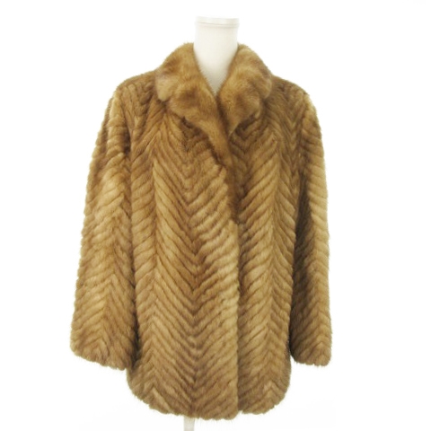 【中古】ノーブランド ファーコート ミドル丈 ミンク 毛皮 ヘリンボーン 11 茶 ブラウン /AO14 ■GY18 レディース