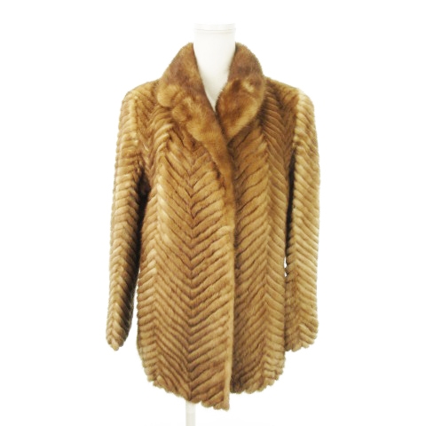 【中古】ノーブランド ファーコート ミンクファー 毛皮 ハーフ ミドル丈 ヘリンボーン 11 茶 ブラウン