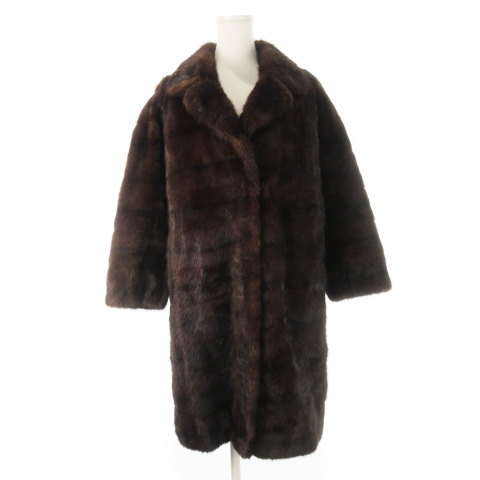 【中古】ノーブランド ファーコート ミンク 毛皮 ロング丈 ボーダー レッドブラウン /CK10 ■GY18 レディース