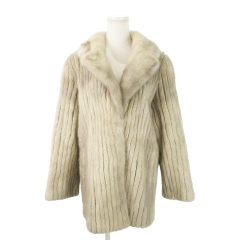 【中古】ムーンバット ファー Moonbat fur ファーコート ミンクファー 毛皮 ミドル丈 ストライプ 11 グレージュ