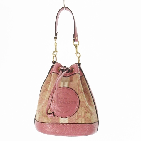 【中古】コーチ COACH ハンドバッグ ミニ 2way ポシェット 巾着 キャンバス 革 シグネチャー ストライプ ピンク
