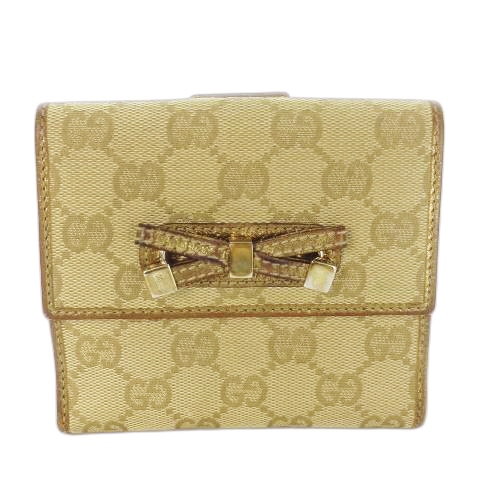 【中古】グッチ プリンシー 二つ折り財布 GGキャンバス レザー 革 GGロゴ モグラム リボン メタリック ベージュ