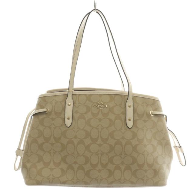 【中古】コーチ COACH トートバッグ ハンド PVC レザー シグネチャー 総柄 ロゴ ゴールド金具 ベージュ 白 F57842