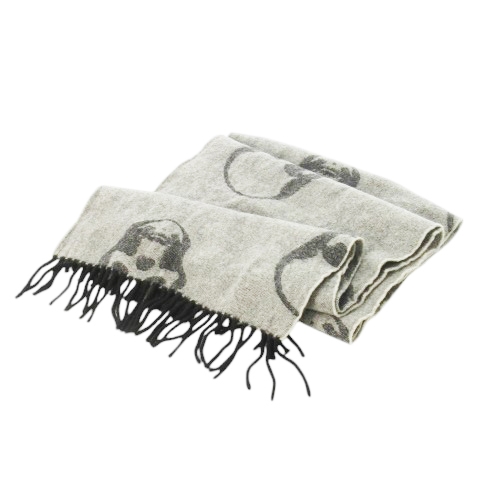 【中古】ルシアンペラフィネ カシミヤ100％ マフラー フリンジ ダブルフェイス スカル ドクロ インターシャ グレー