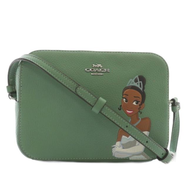 【中古】コーチ COACH × ディズニー Disney ショルダーバッグ レザー ティアナ ロゴ シルバー金具 緑 グリーン C3405