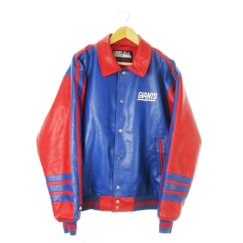 【中古】FIRST DOWN NFL NEW YORK GIANTS レザージャケット 革ジャン 中綿 ジップアップ 配色 バイカラー XL 青