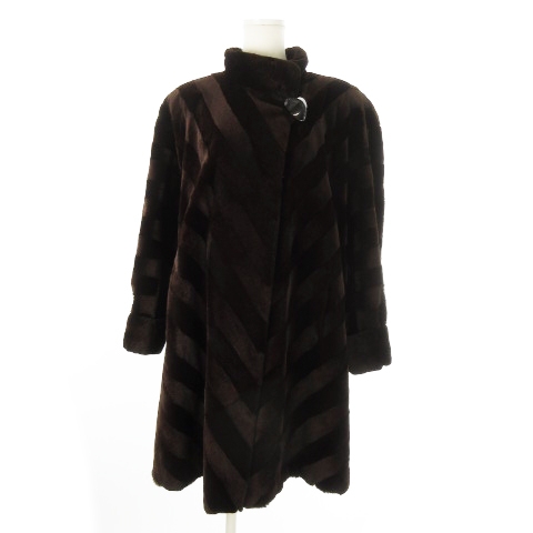 【中古】エンバ EMBA ファーコート シェアードミンク 毛皮 ミドル丈 ストライプ 茶 ブラウン /CK12 ■GY18