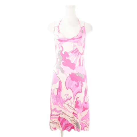 【中古】エミリオプッチ ワンピース キャミワンピ ひざ丈 シルク ストレッチ ロゴ 総柄 小さいサイズ 34 XS ピンク