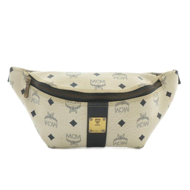 【中古】エムシーエム MCM ベルトバッグ ボディバッグ ウエストバッグ レザー ヴィセトス柄 総柄 ロゴ 白 黒