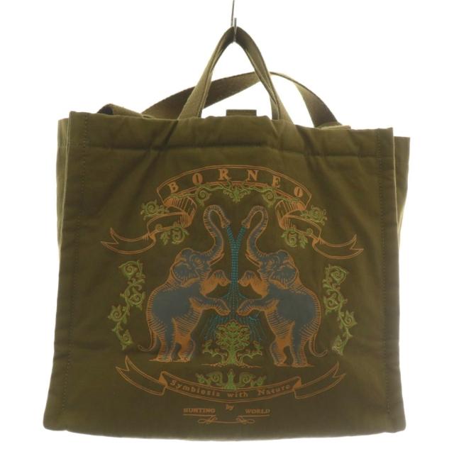 【中古】HUNTING WORLD ボルネオチャリティー ハンドバッグ トート ワンショルダー 2WAY キャンバス 刺繍 カーキ