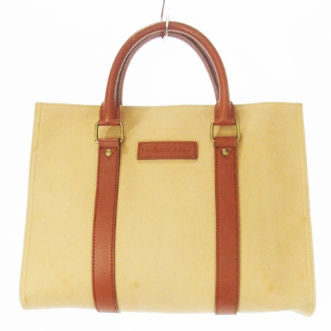 【中古】ポロ ラルフローレン POLO RALPH LAUREN トートバッグ キャンバス レザー 革 ロゴ型押しプレート ベージュ