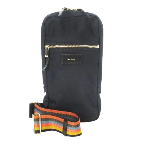 【中古】ポールスミス PAUL SMITH ボディバッグ ショルダーバッグ ナイロン 革 ロゴ マルチボーダー 紺