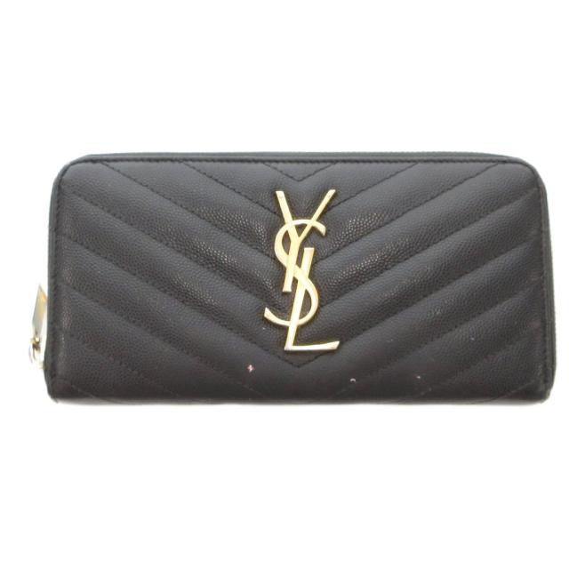 【中古】サンローラン パリ SAINT LAURENT PARIS YSLロゴ 長財布 ウォレット キャビアスキン ラウンドファスナー